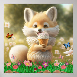 Cute Fox eating an Icecream in a Garden Art Poster | Zazzle