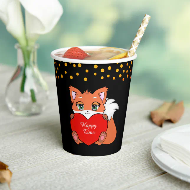 Cute Fox & Golden Confetti on Black Paper Cups | Zazzle