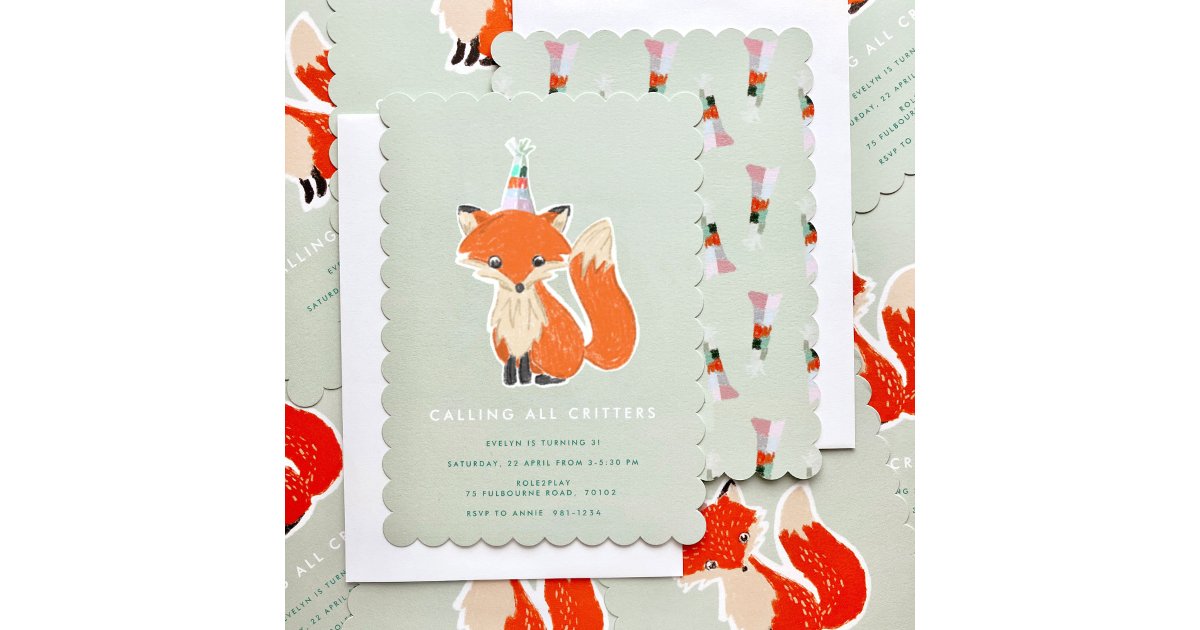 Cute Fox Party Hat Woodland Birthday Invitation | Zazzle