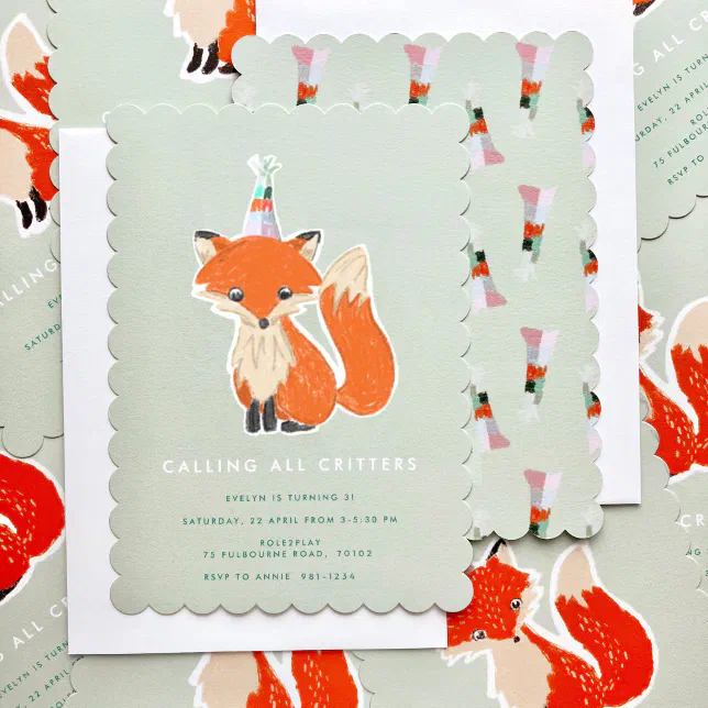 Cute Fox Party Hat Woodland Birthday Invitation | Zazzle