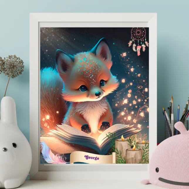 Cute Fox reading a Book personalized Art Nursery Poster | Zazzle