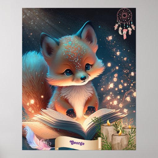 Cute Fox reading a Book personalized Art Nursery Poster | Zazzle