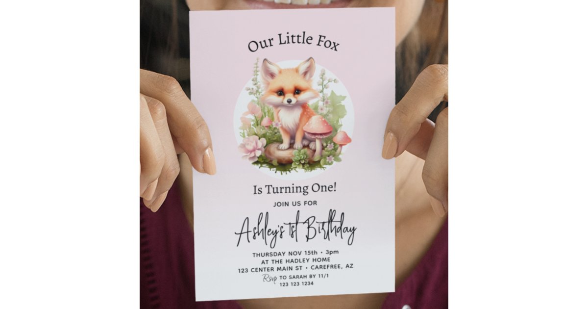 Cute Fox Script Girl 1st Birthday Invitation | Zazzle