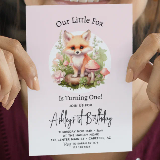 Cute Fox Script Girl 1st Birthday Invitation | Zazzle