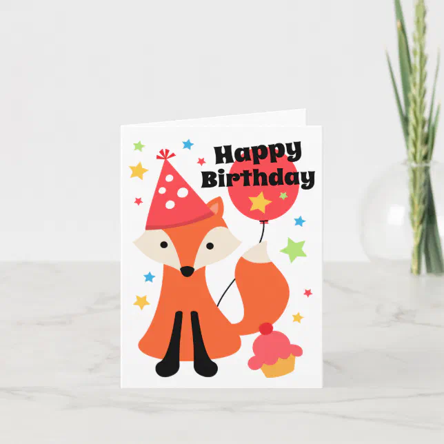 Cute fox with balloon cupcake star happy birthday card | Zazzle