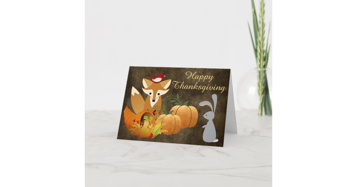 Cute Fox Woodland Animals Golden Thanksgiving Holiday Card | Zazzle