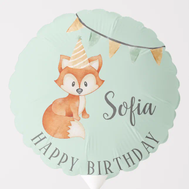 Cute Fox Woodland Happy Birthday Mint Green Balloon | Zazzle