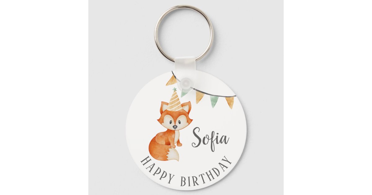 Cute Fox Woodland Party Hat Happy Birthday Keychain | Zazzle