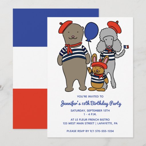 Cute French Cartoon Animals Custom Birthday Party Invitation | Zazzle