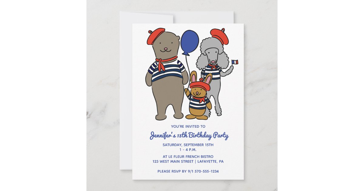 Cute French Cartoon Animals Custom Birthday Party Invitation | Zazzle