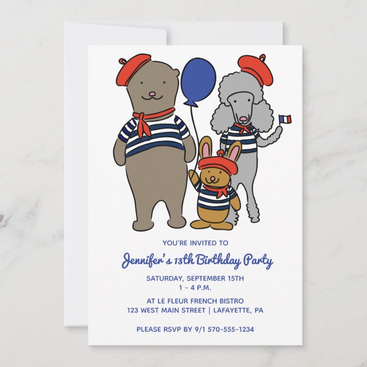 Cute French Cartoon Animals Custom Birthday Party Invitation | Zazzle