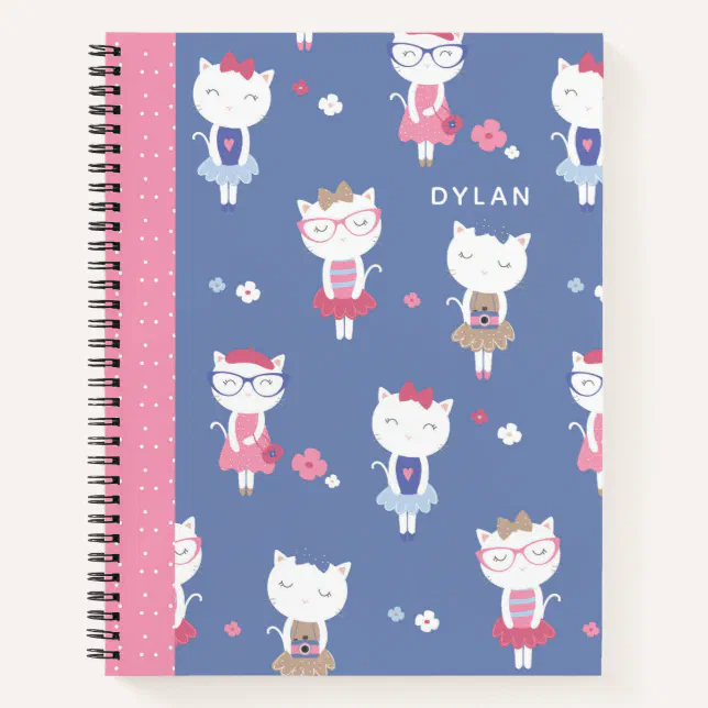Cute French Cats Pattern Blue Personalized Sketch Notebook | Zazzle