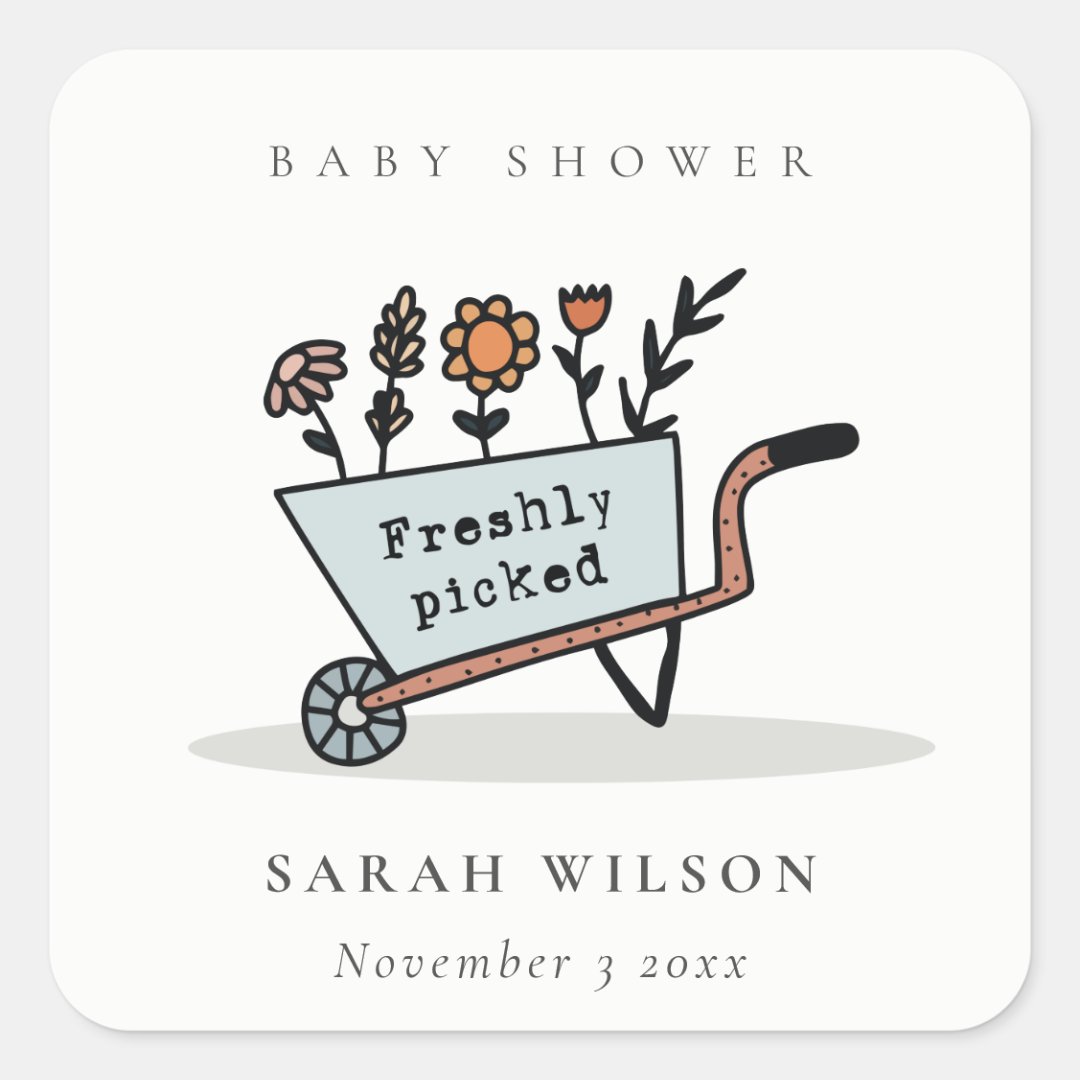 Cute Freshly Picked Blue Floral Cart Baby Shower Square Sticker | Zazzle
