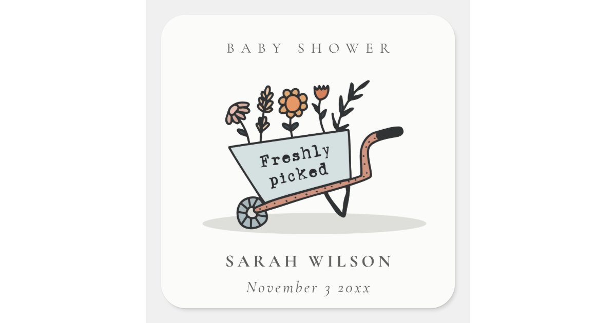 Cute Freshly Picked Blue Floral Cart Baby Shower Square Sticker | Zazzle