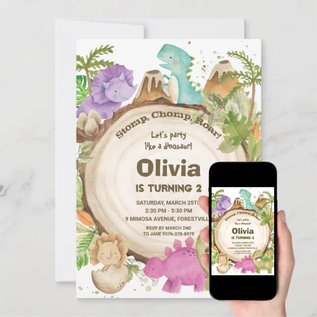 Cute Friendly Dinosaurs Girl 1st Birthday Party Invitation | Zazzle