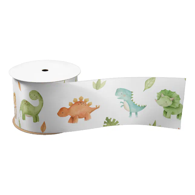 Cute Friendly Dinosaurs Leafy Blue Green Orange Satin Ribbon | Zazzle