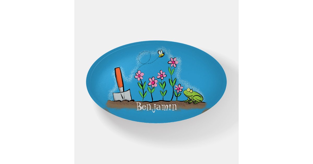 Cute frog and bee in garden cartoon illustration paperweight | Zazzle