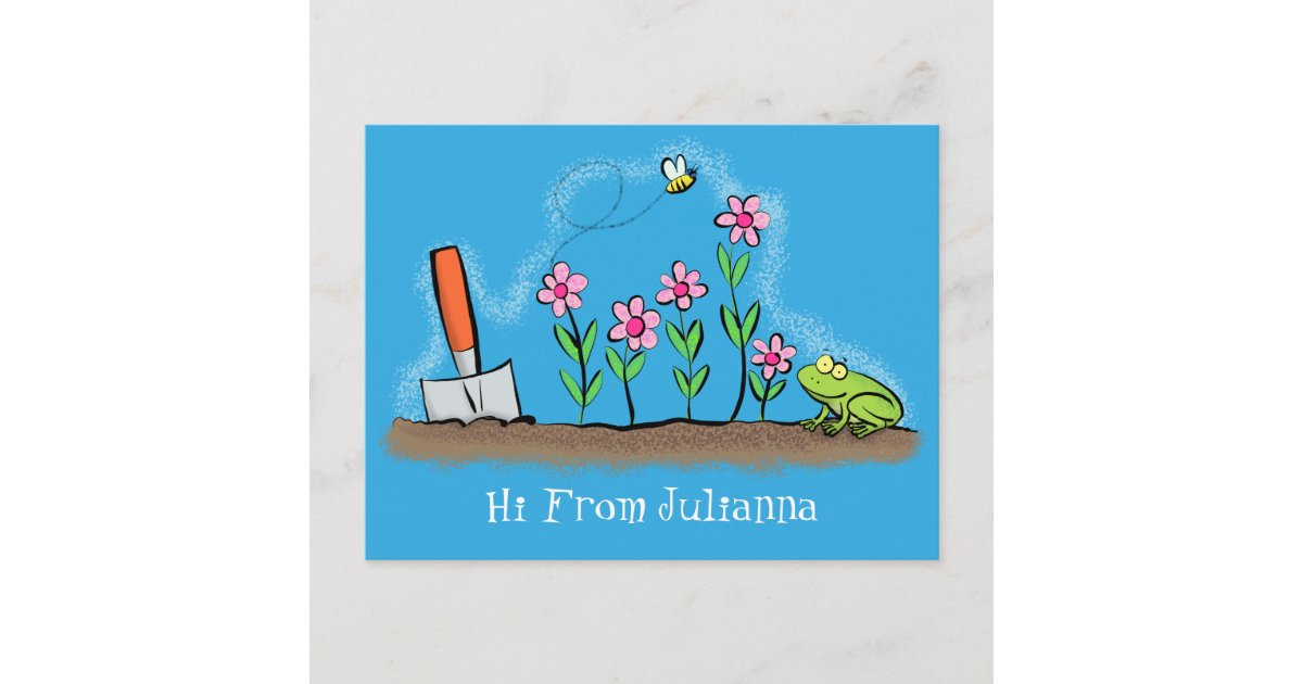 Cute frog and bee in garden cartoon illustration postcard | Zazzle