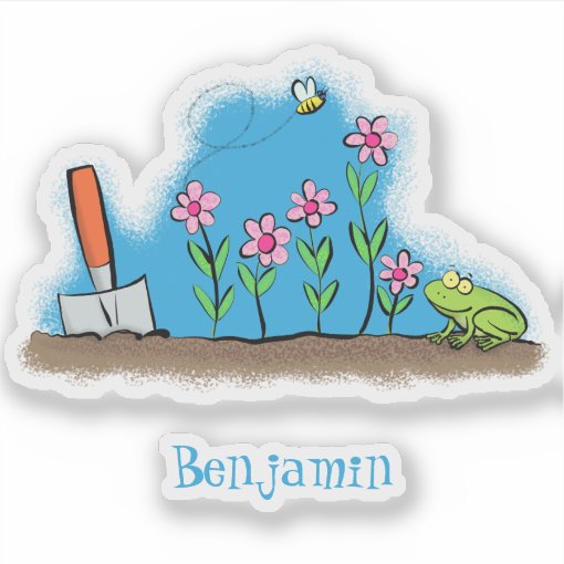 Cute frog and bee in garden cartoon illustration sticker | Zazzle
