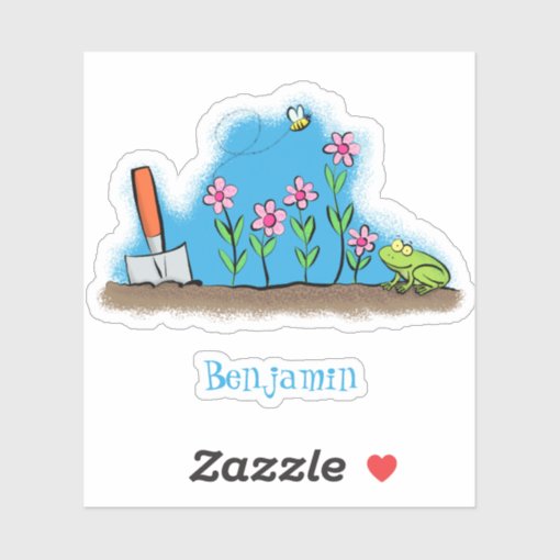 Cute frog and bee in garden cartoon illustration sticker | Zazzle