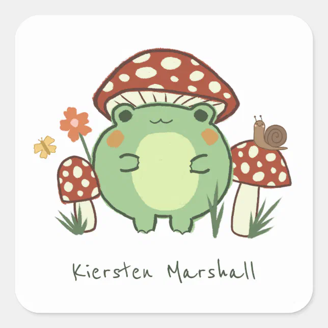 Cute Frog and Mushrooms Cartoon | Name Square Sticker | Zazzle