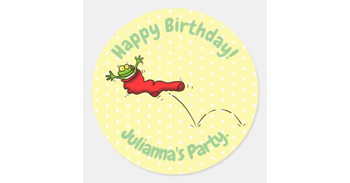 Cute frog in a red sock jumping cartoon classic round sticker | Zazzle