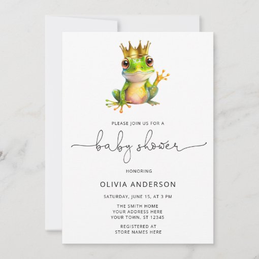 Cute Frog Prince Green & Gold Baby Shower Invitation | Zazzle