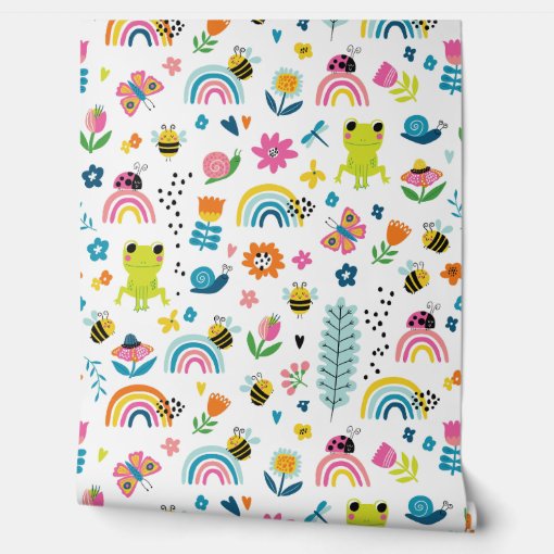 Cute Frogs Insects Rainbows Flowers Kids Pattern Wallpaper | Zazzle