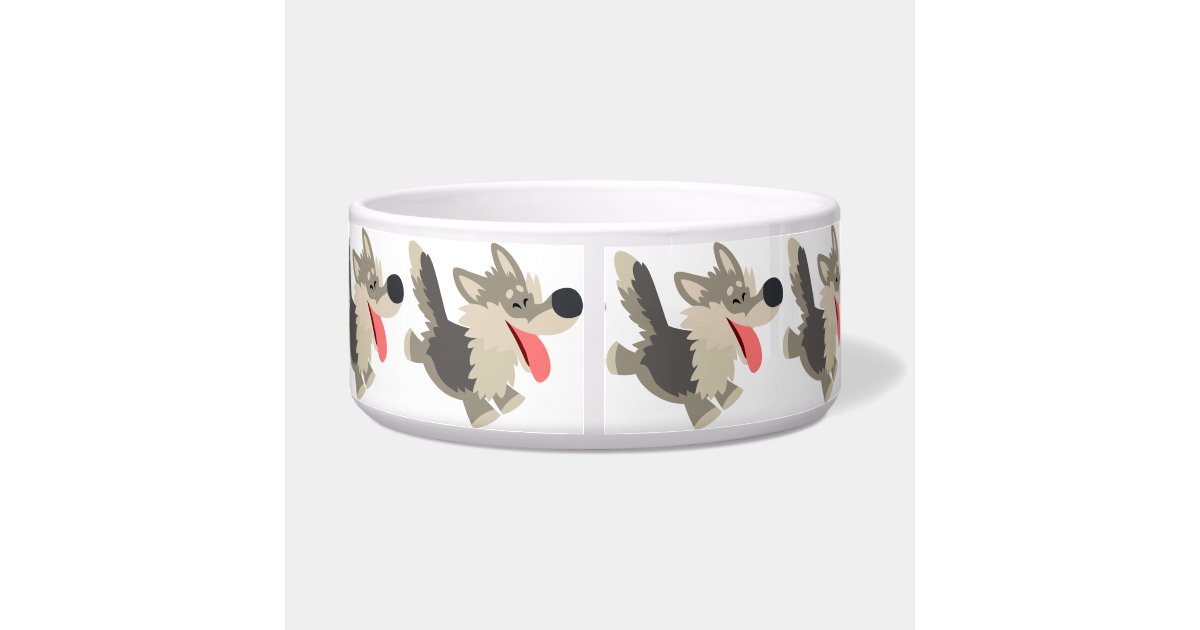 Cute Frolicsome Cartoon Wolf Dog Bowl | Zazzle