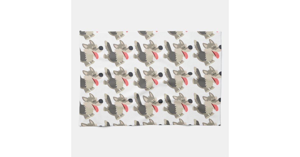Cute Frolicsome Cartoon Wolf Kitchen Towel | Zazzle