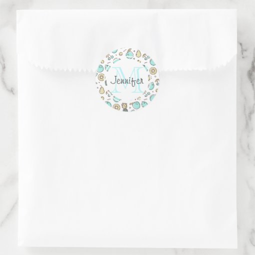 Cute Fruit Pattern Summery Line Drawing Monogram Classic Round Sticker ...