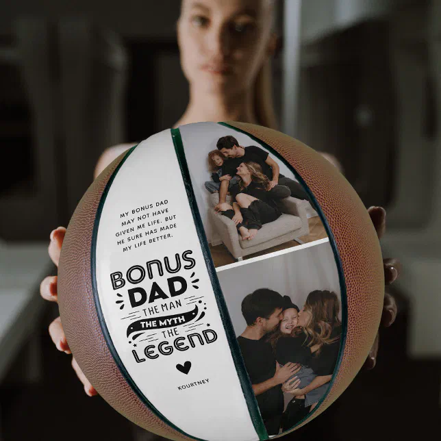 Cute Fun Bonus Dad Quote & 2x Photo Basketball | Zazzle
