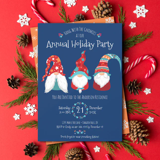 Cute Fun Gnome Modern Christmas Holiday Party Blue Invitation | Zazzle