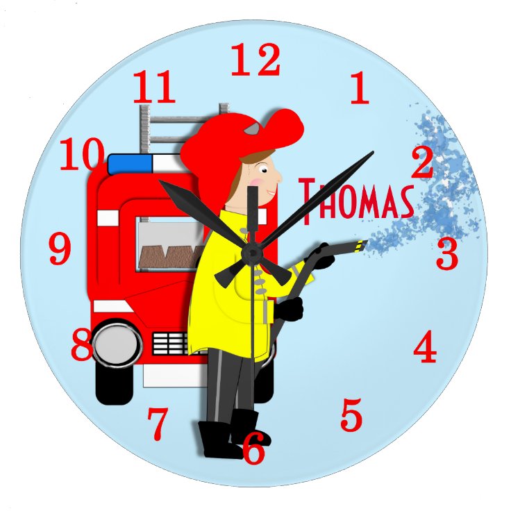Cute Fun Kids Cartoon Fire-Fighter Truck Themed Large Clock | Zazzle