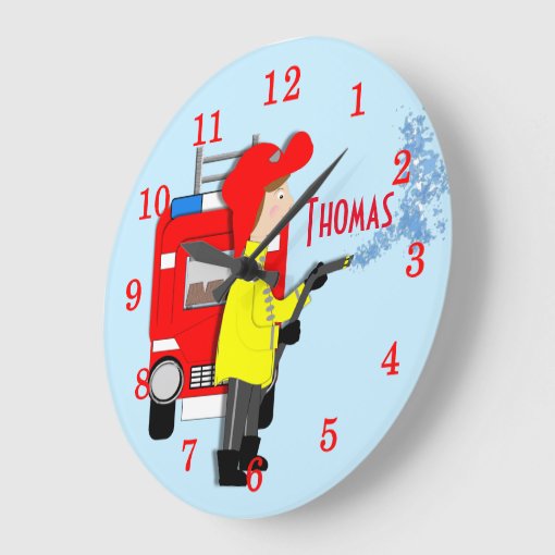 Cute Fun Kids Cartoon Fire-Fighter Truck Themed Large Clock | Zazzle