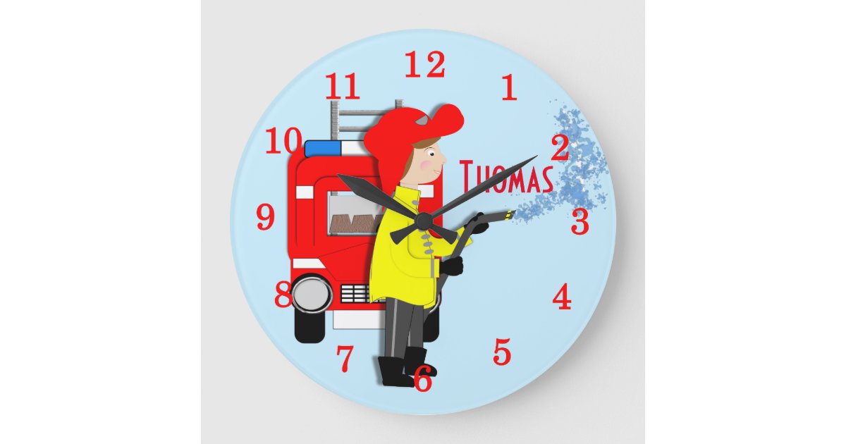 Cute Fun Kids Cartoon Fire-Fighter Truck Themed Large Clock | Zazzle
