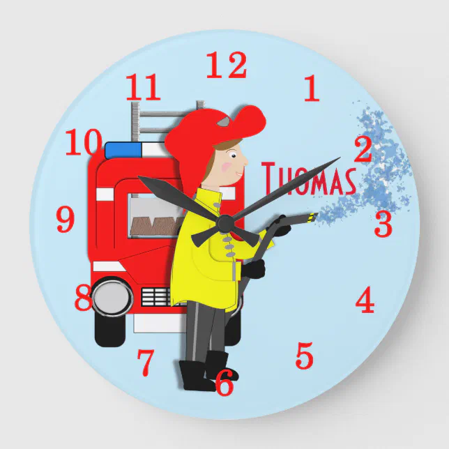 Cute Fun Kids Cartoon Fire-Fighter Truck Themed Large Clock | Zazzle