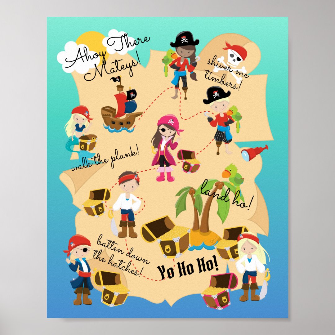 Cute Fun Personalized Pirate Treasure Map Poster | Zazzle