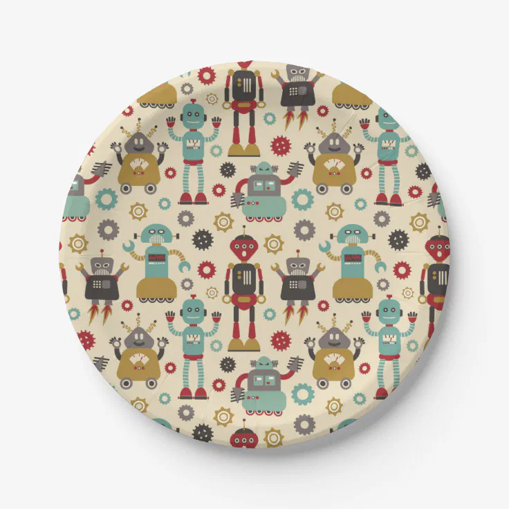 Cute & Fun Retro Robots themed party Paper Plates | Zazzle
