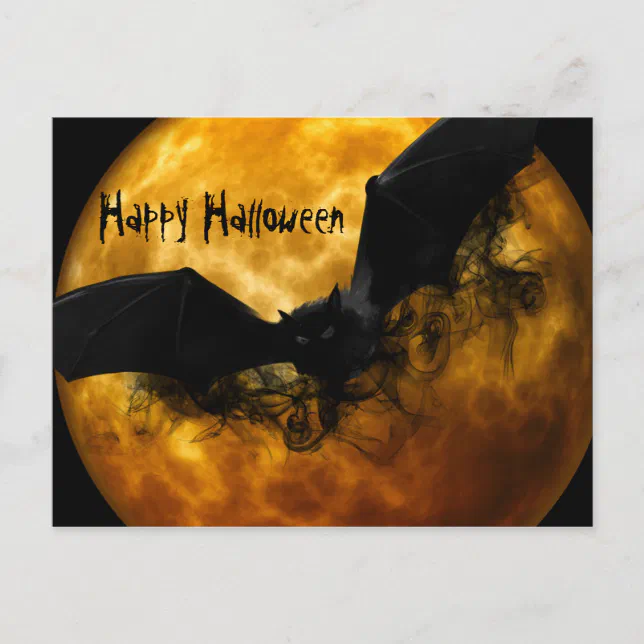 Cute Fun Scary Happy Halloween Bat and Full Moon Holiday Postcard | Zazzle