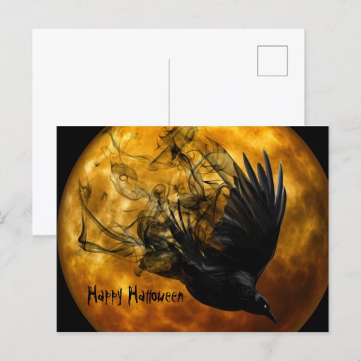 Cute Fun Scary Happy Halloween Crow and Full Moon Holiday Postcard | Zazzle