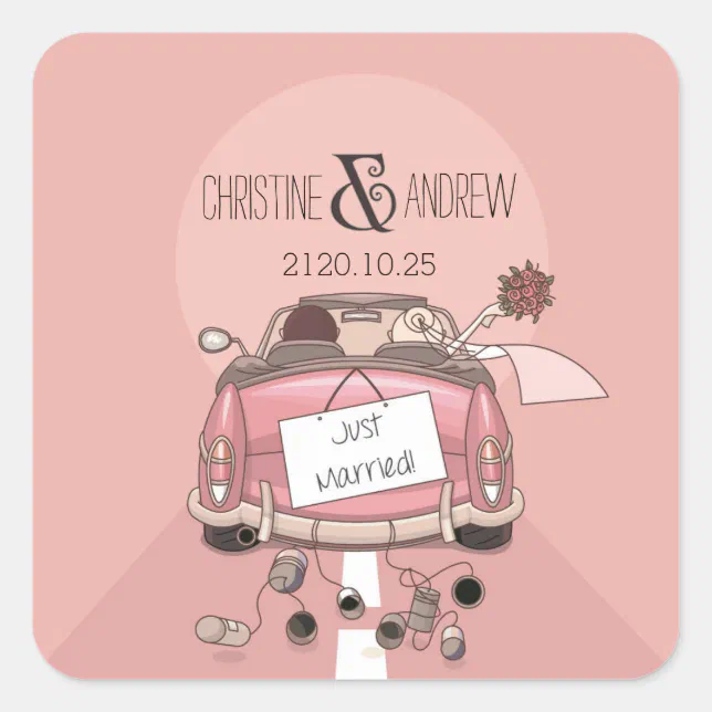 Cute Fun Typography "Just Married!" Personalized Square Sticker | Zazzle