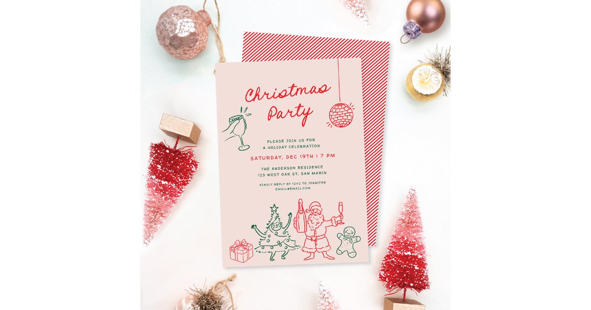 Cute Funky Christmas Doodles Holiday Party Invitation | Zazzle