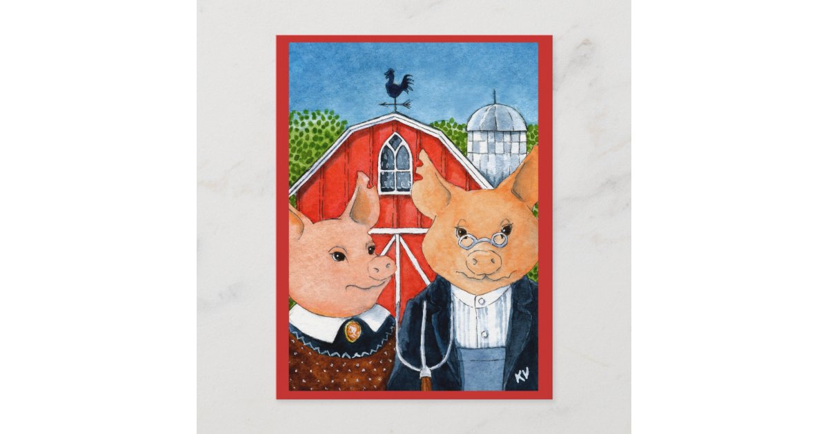 Cute Funny American Gothic spoof pig farm postcard | Zazzle