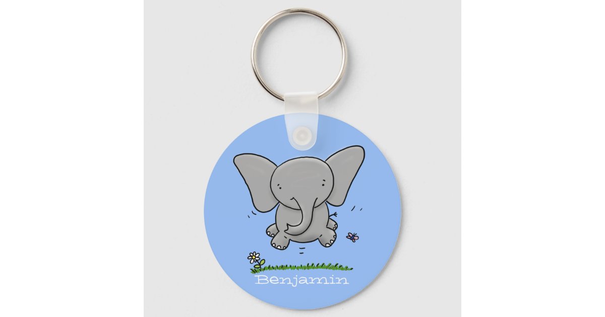 Cute funny baby elephant jump illustration cartoon keychain | Zazzle
