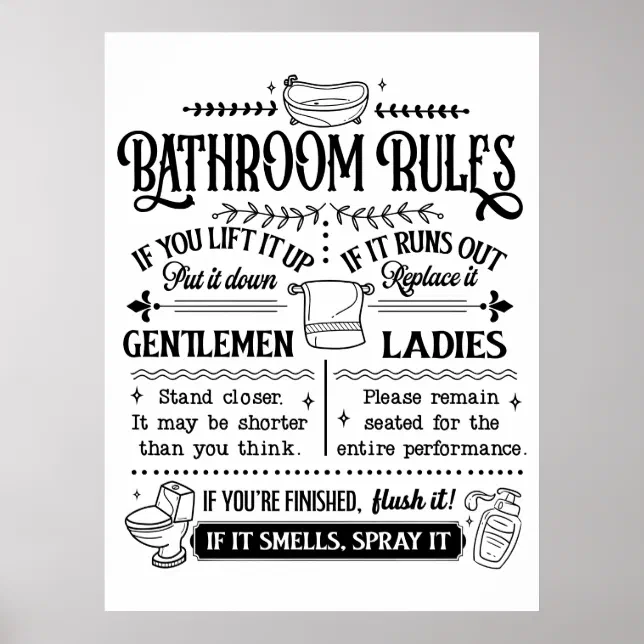 Cute Funny Bathroom Rules Poster | Zazzle