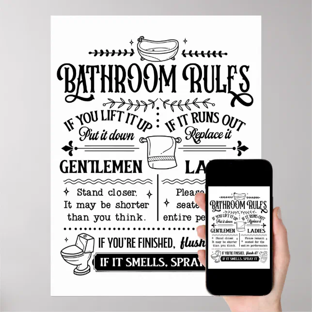 Cute Funny Bathroom Rules Poster | Zazzle