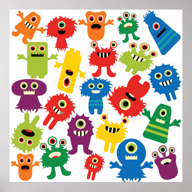 Cute Funny Colorful Monsters Pattern Poster | Zazzle
