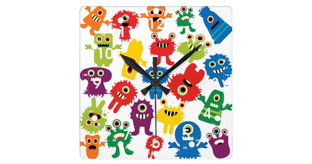Cute Funny Colorful Monsters Pattern Square Wall Clock | Zazzle.com