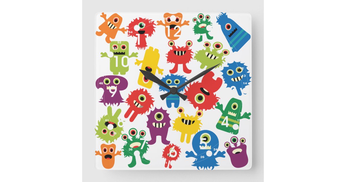 Cute Funny Colorful Monsters Pattern Square Wall Clock | Zazzle